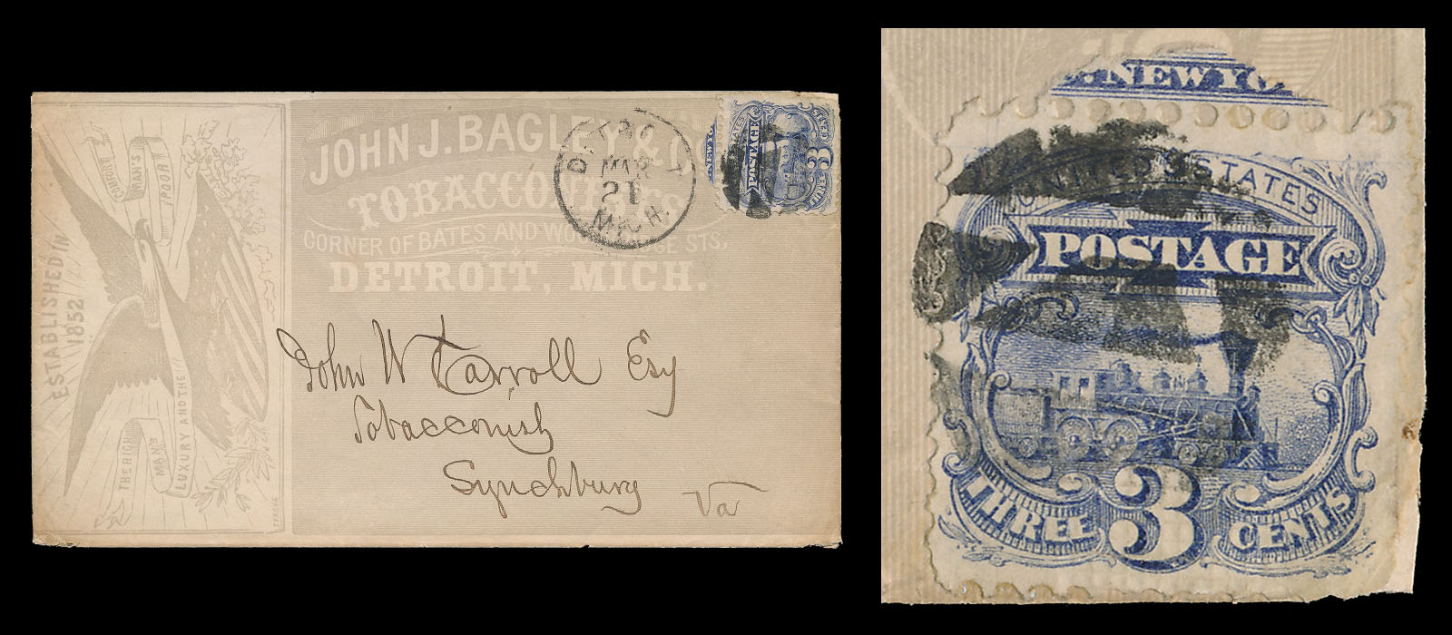 Early Tobacco Cover - 1869 3-Cent Locomotive With Top Margin Markings ...